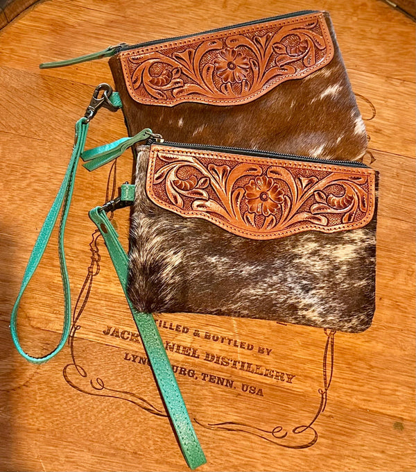 TURQUOISE LEATHER AND COWHIDE CLUTCH – CountryFide Custom Accessories ...